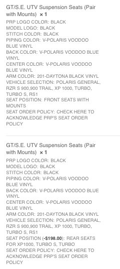 PRP Custom Seats GT/SE Set of 4 (2 front / 2 rear) for 2022 RZR XP 4 1 ...