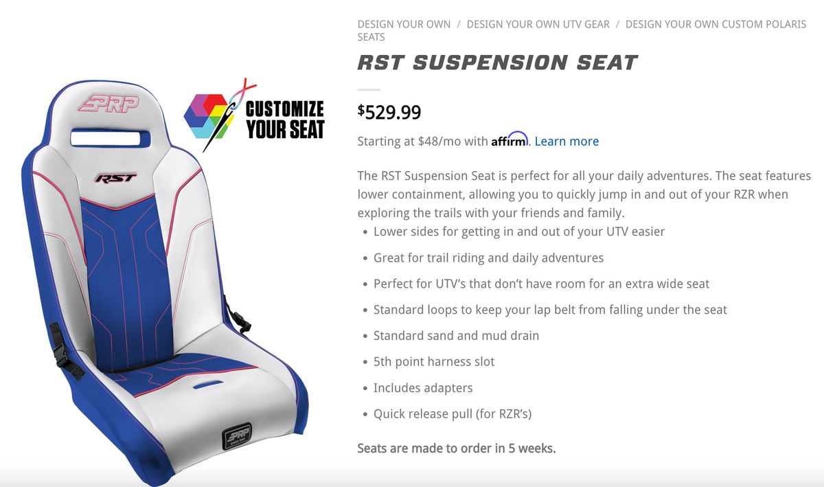 PRP Custom RST seats for CH - REAR RZR XP1000 – RockPeak UTV